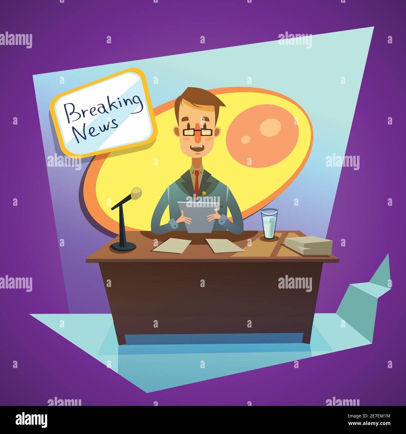 Anchor journalist in tv studio announces breaking news retro cartoon ...