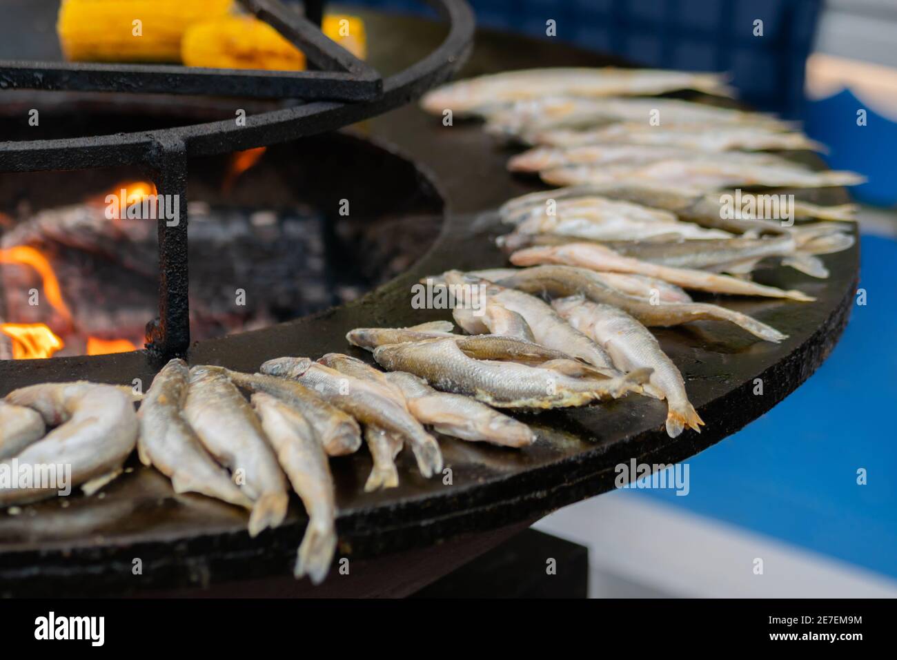 Process of cooking european smelt fish on black brazier at food ...