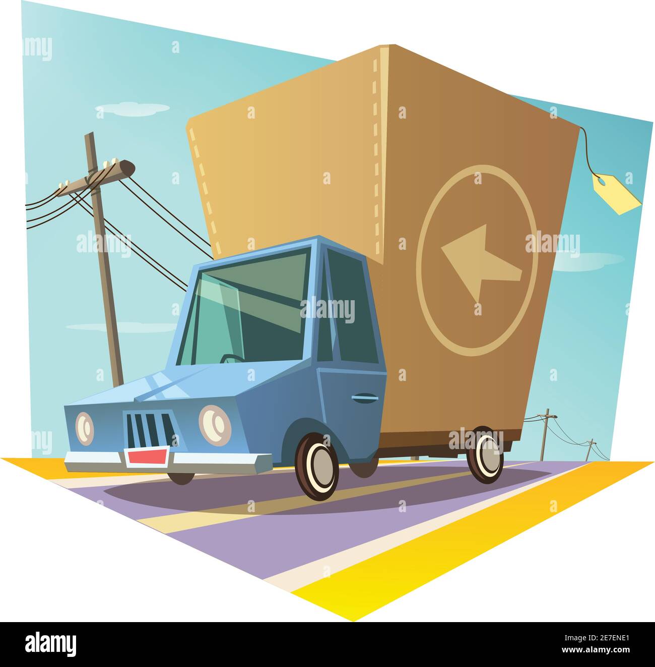 Warehouse and shipping concept with retro cartoon style delivery truck ...