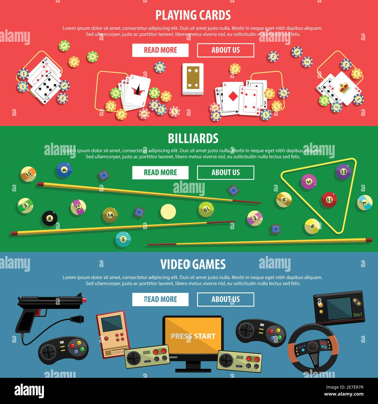Games horizontal banners set with playing cards billiards and video ...
