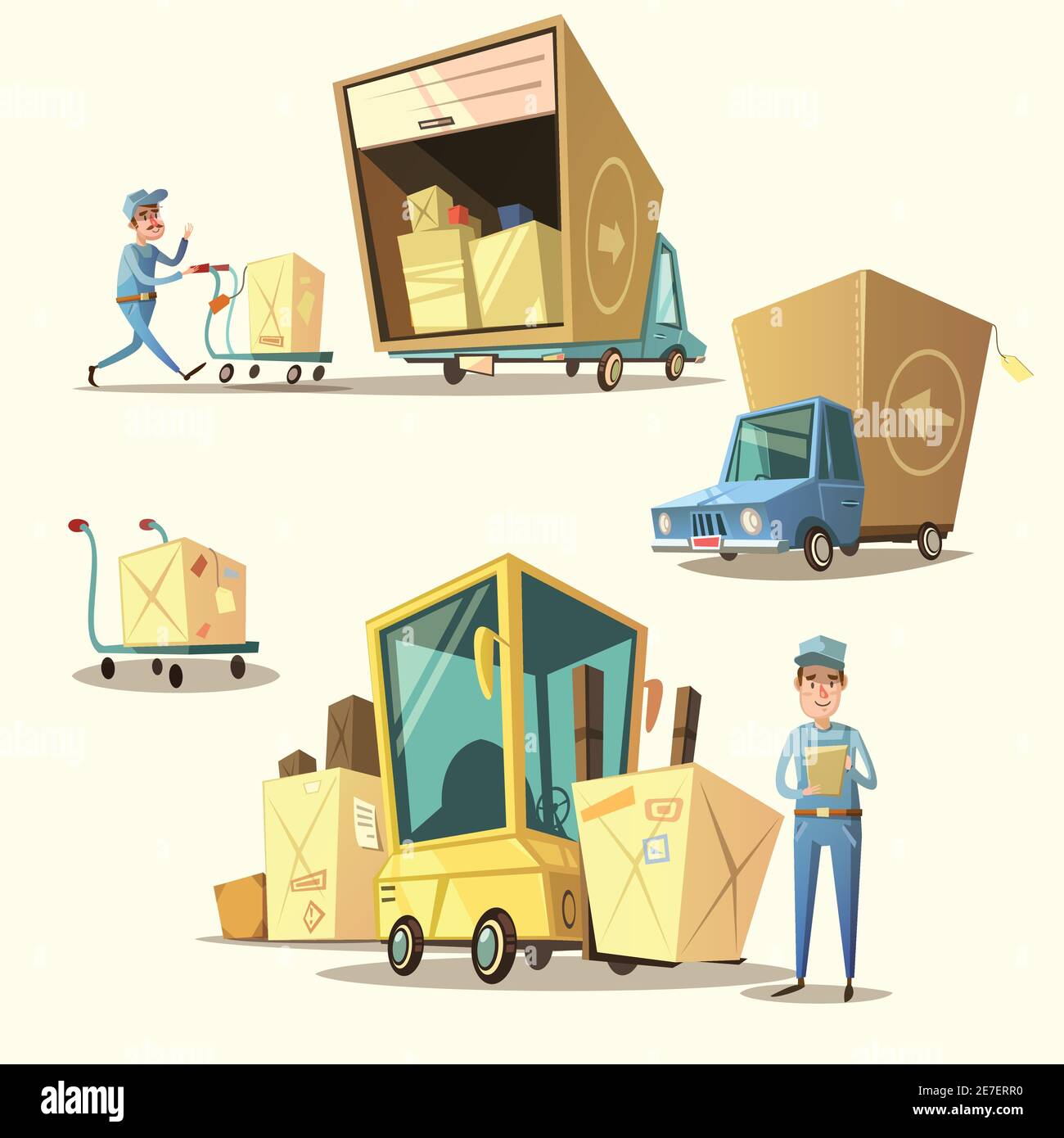 Warehouse concept set with retro cartoon shipping and delivery items ...