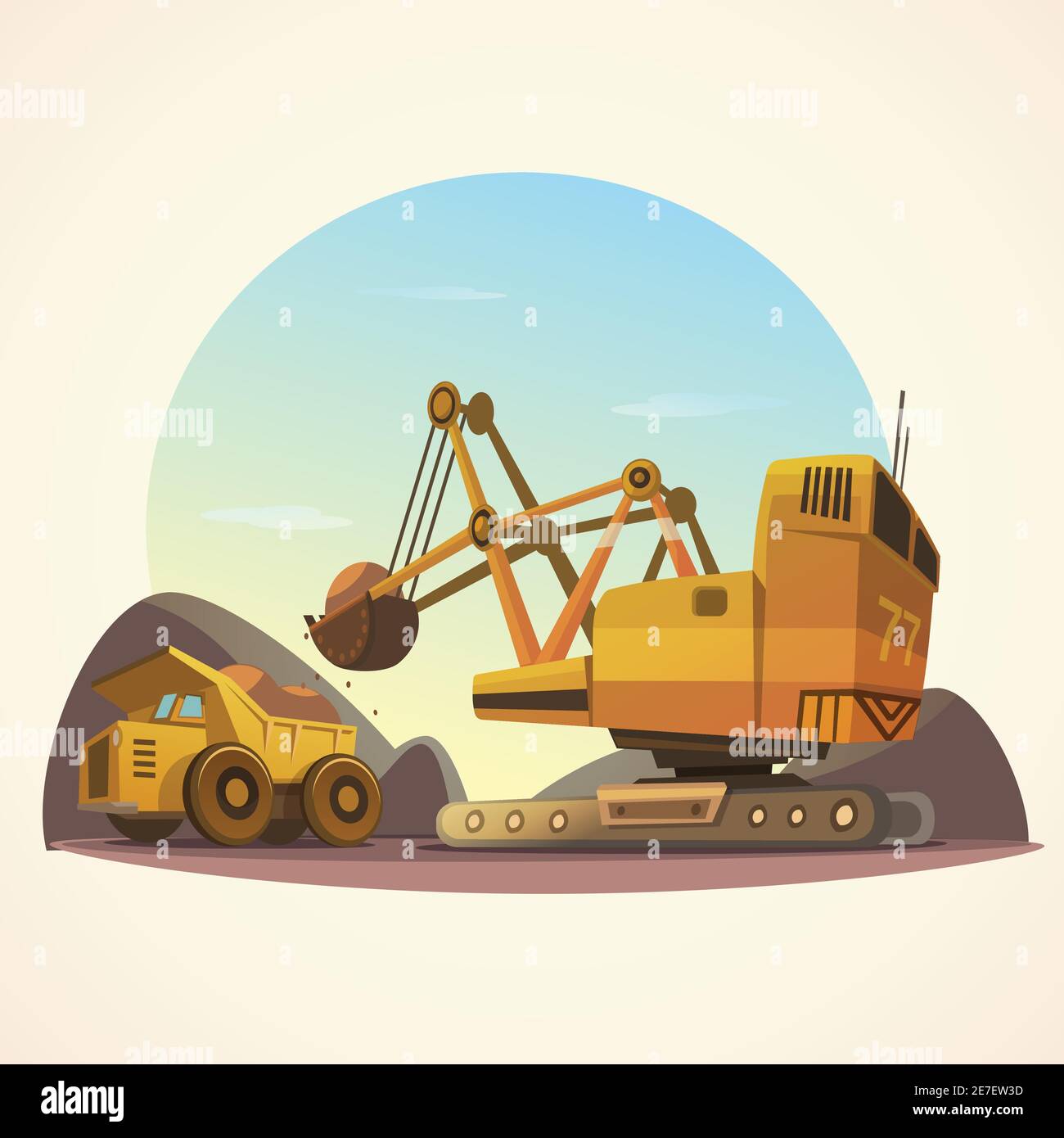 Mining concept with heavy industry machines and coal truck retro ...