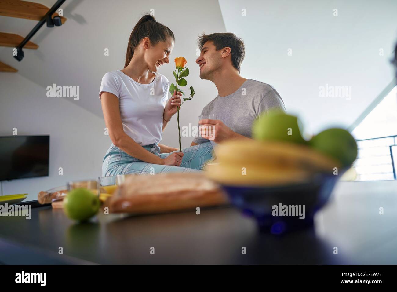 A young guy surprised his girlfriend with the flower on Valentine's day ...