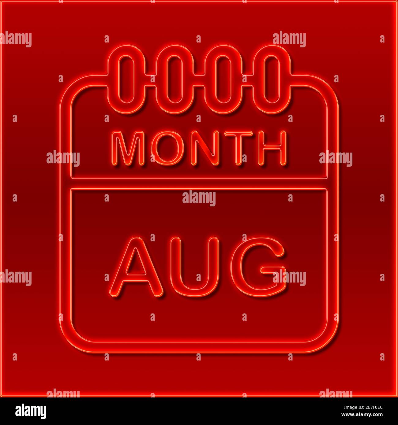 A calendar in the design of a red neon sign shows the Month August ...