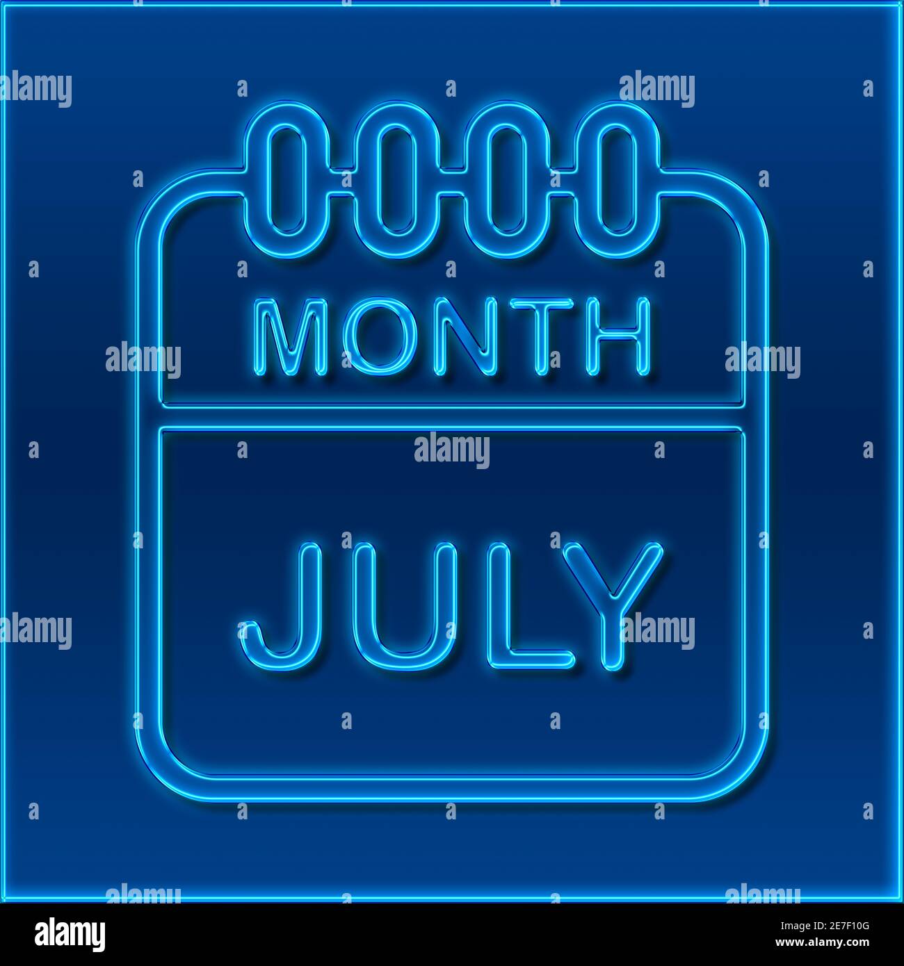 A calendar in the design of a blue neon sign shows the Month July Stock ...