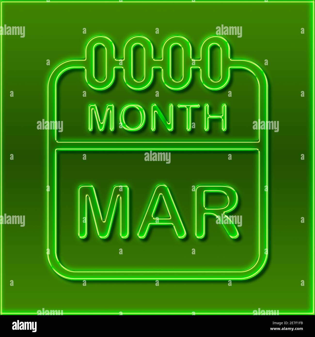 A calendar in the design of a green neon sign shows the Month March ...