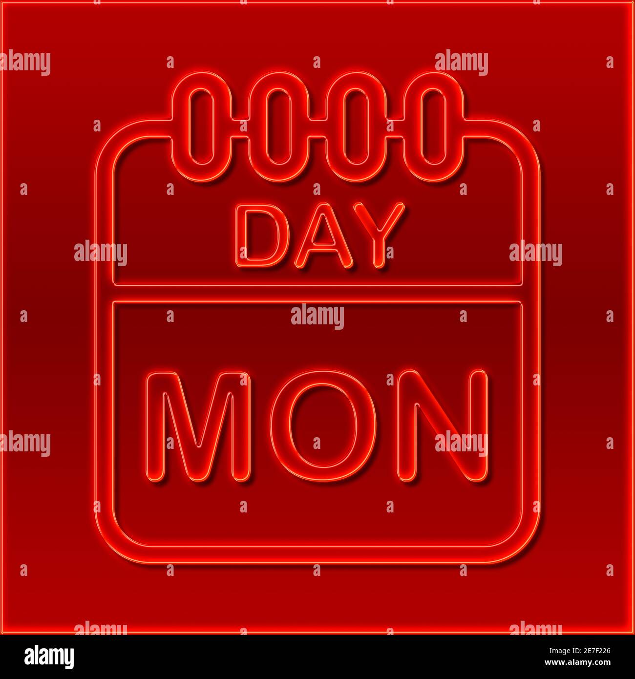 A calendar in the design of a red neon sign shows the day Monday Stock ...