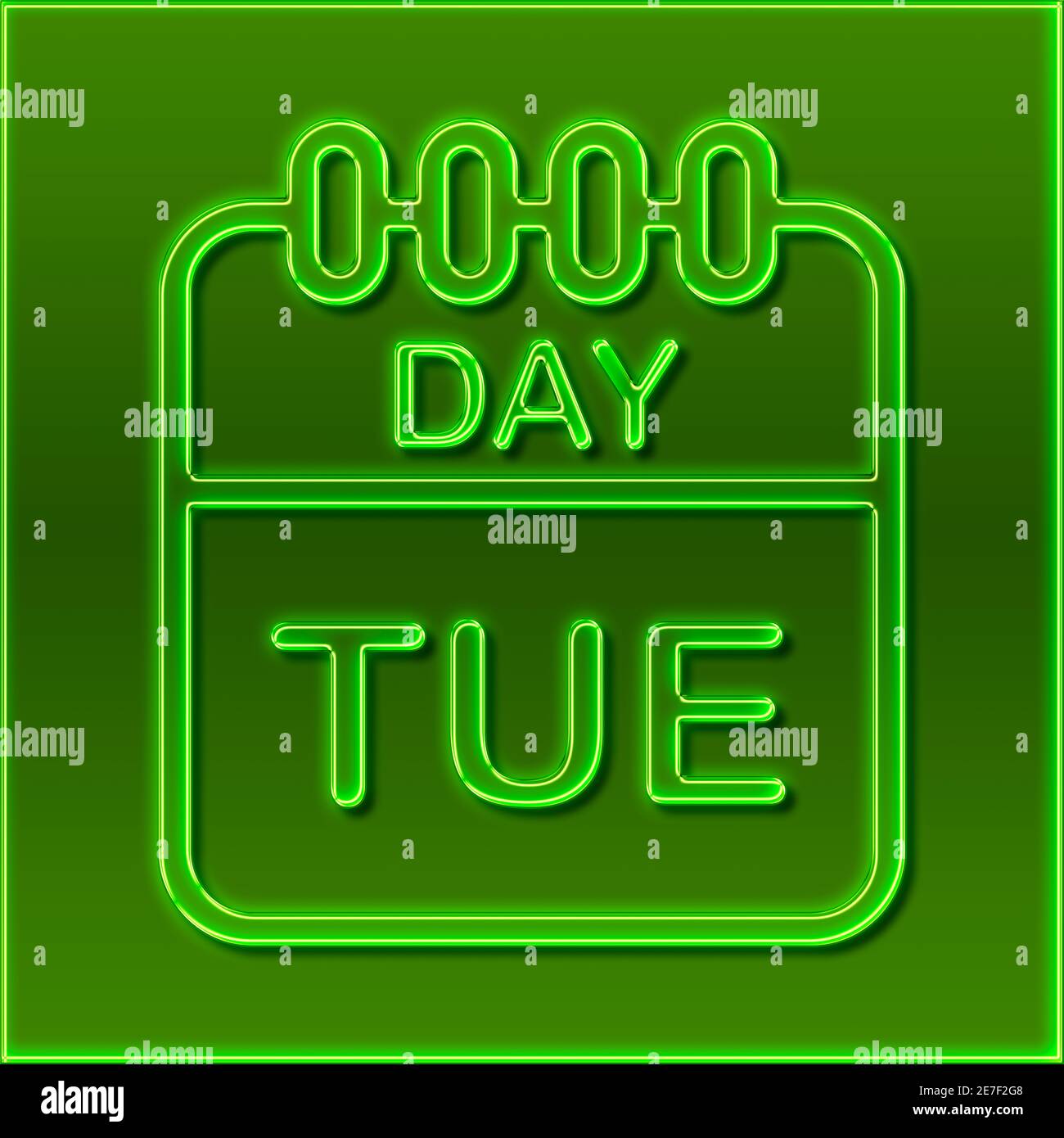 A calendar in the design of a green neon sign shows the day Tuesday ...