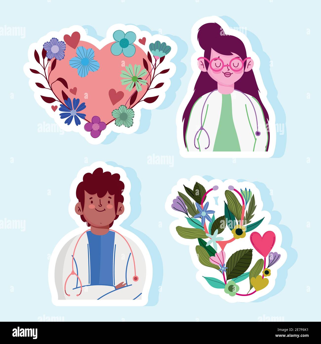 doctor woman and man cartoon heart flowers set vector illustration ...