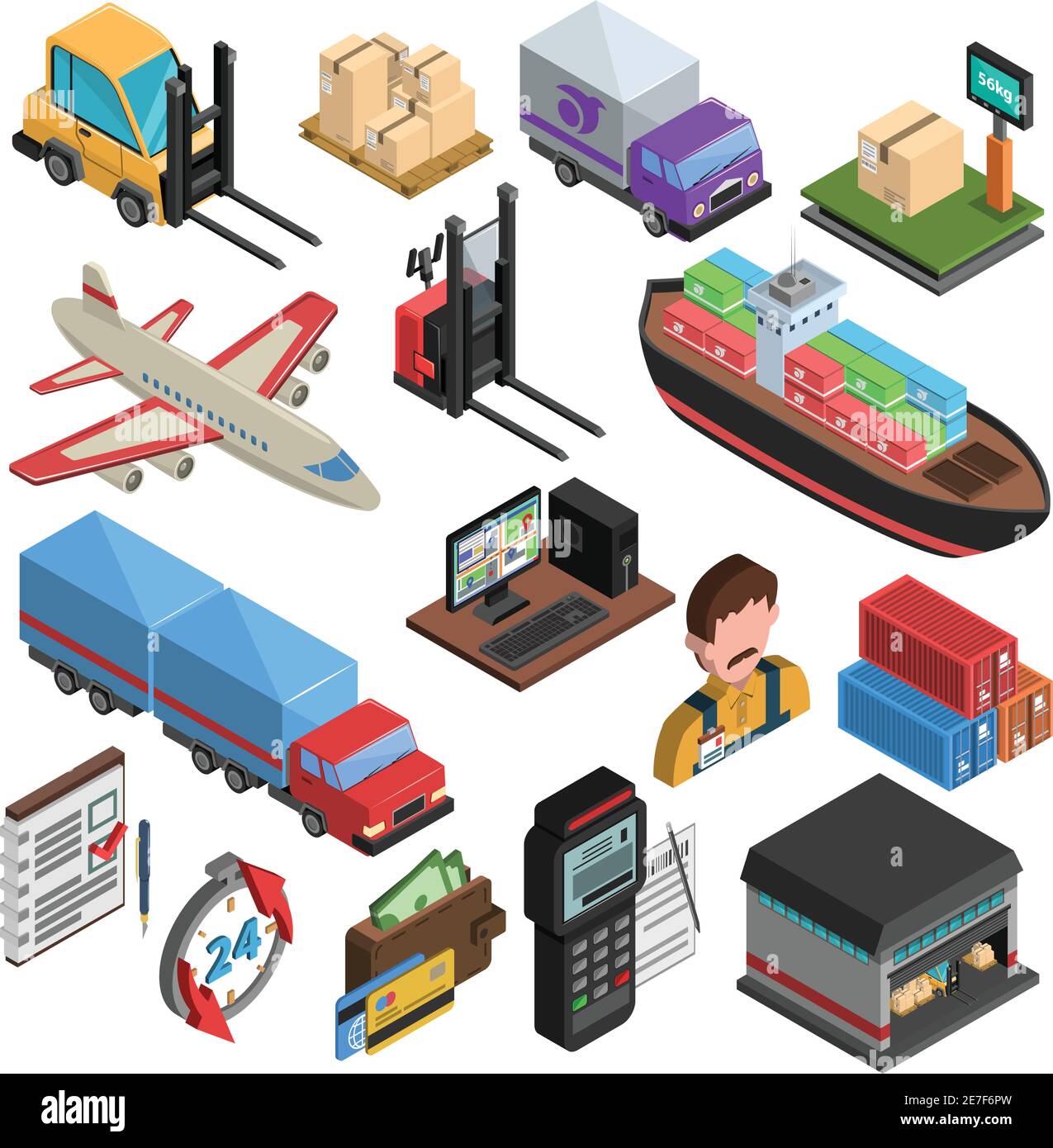 Delivery types and logistic chain isometric icons with loader truck ...