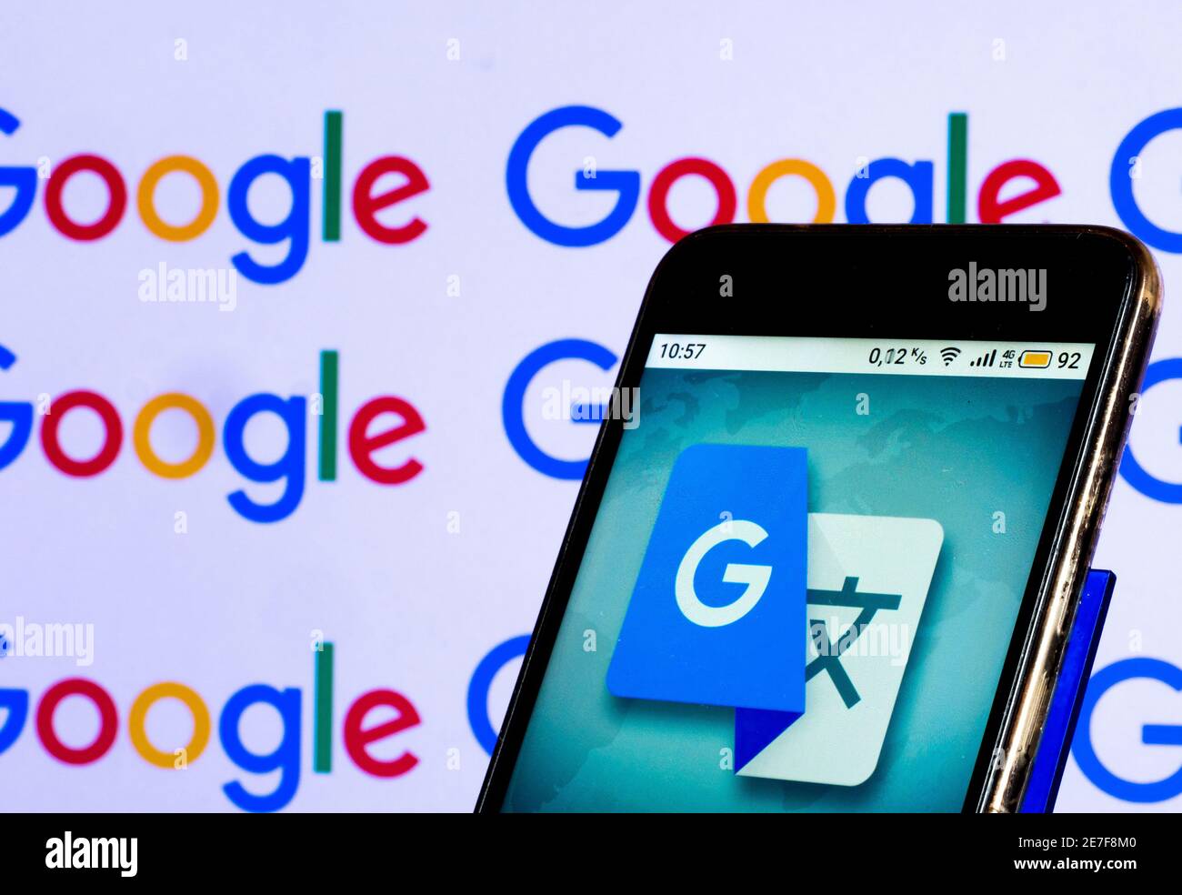 In this photo illustration a Gogle Translator app logo seen displayed ...