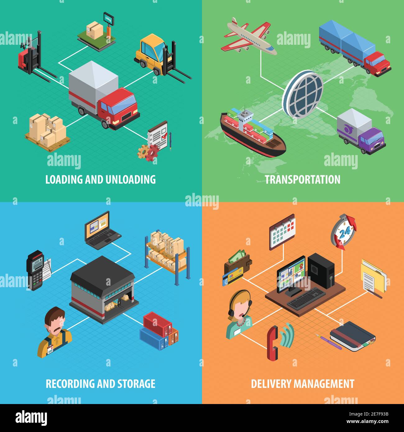 Delivery and logistic square isometric icon set with loading ...