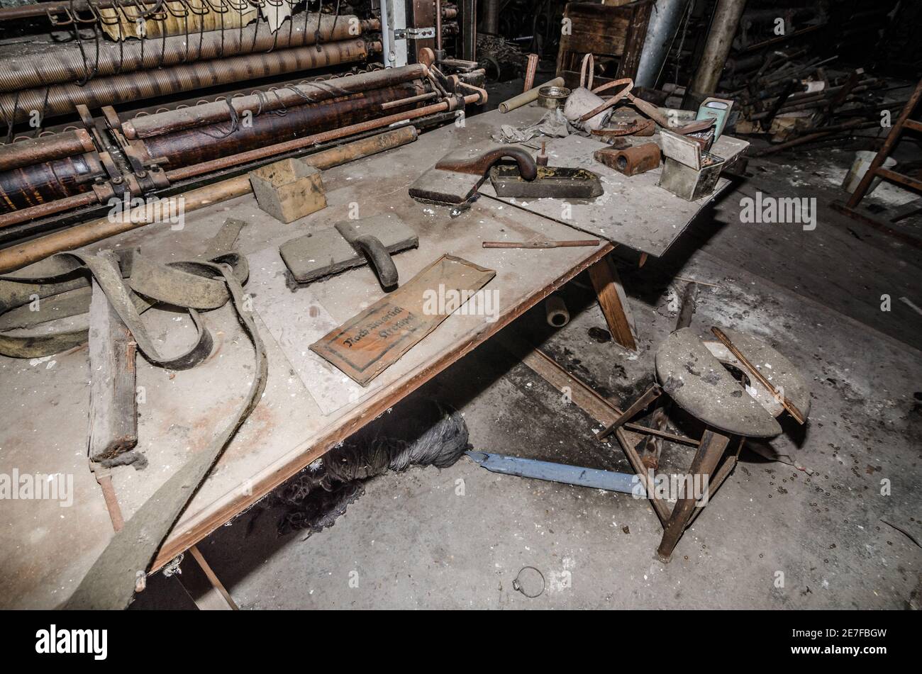 old workbench with many objects Stock Photo - Alamy