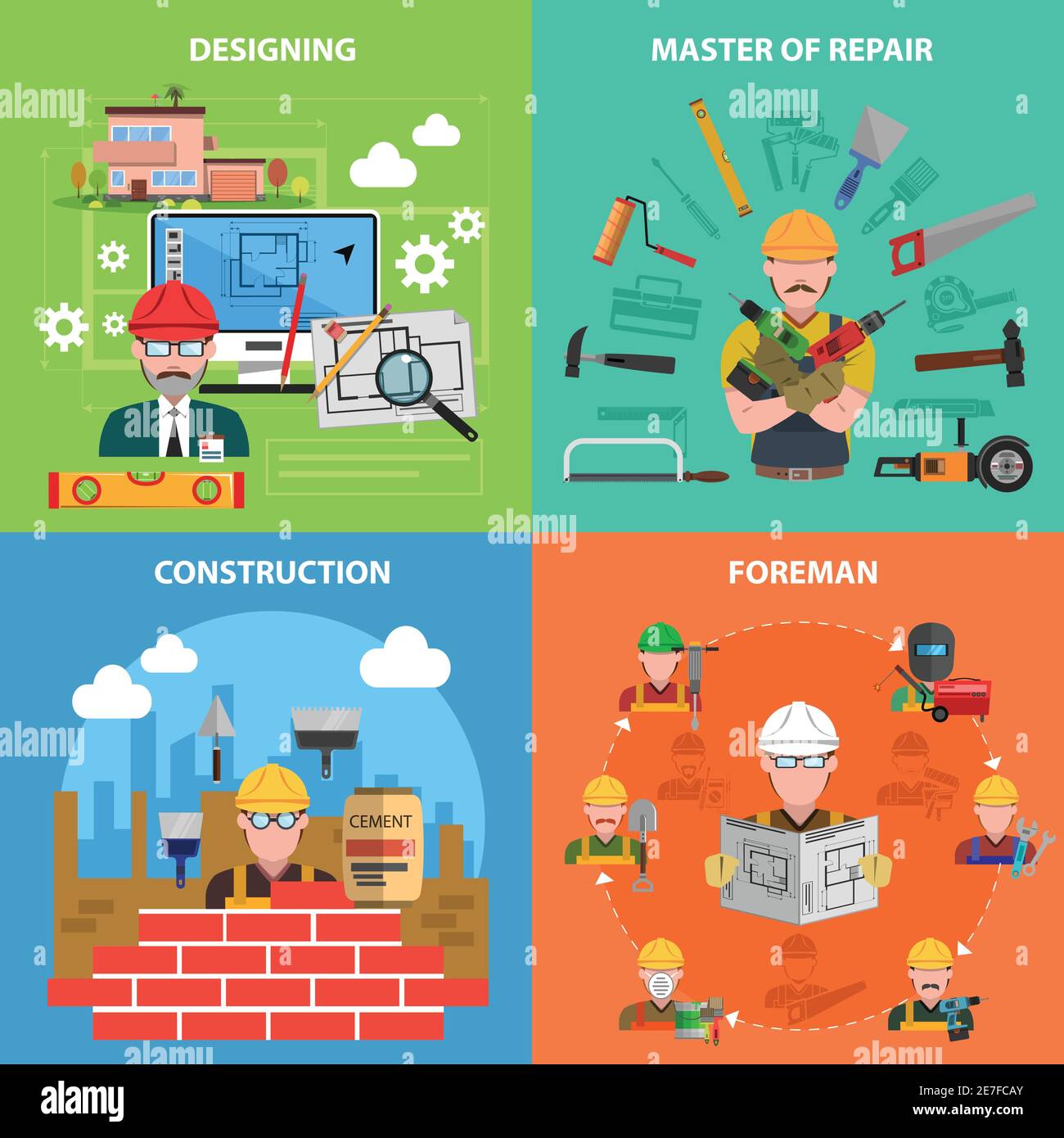 Worker design concept set with construction and repair flat icons ...