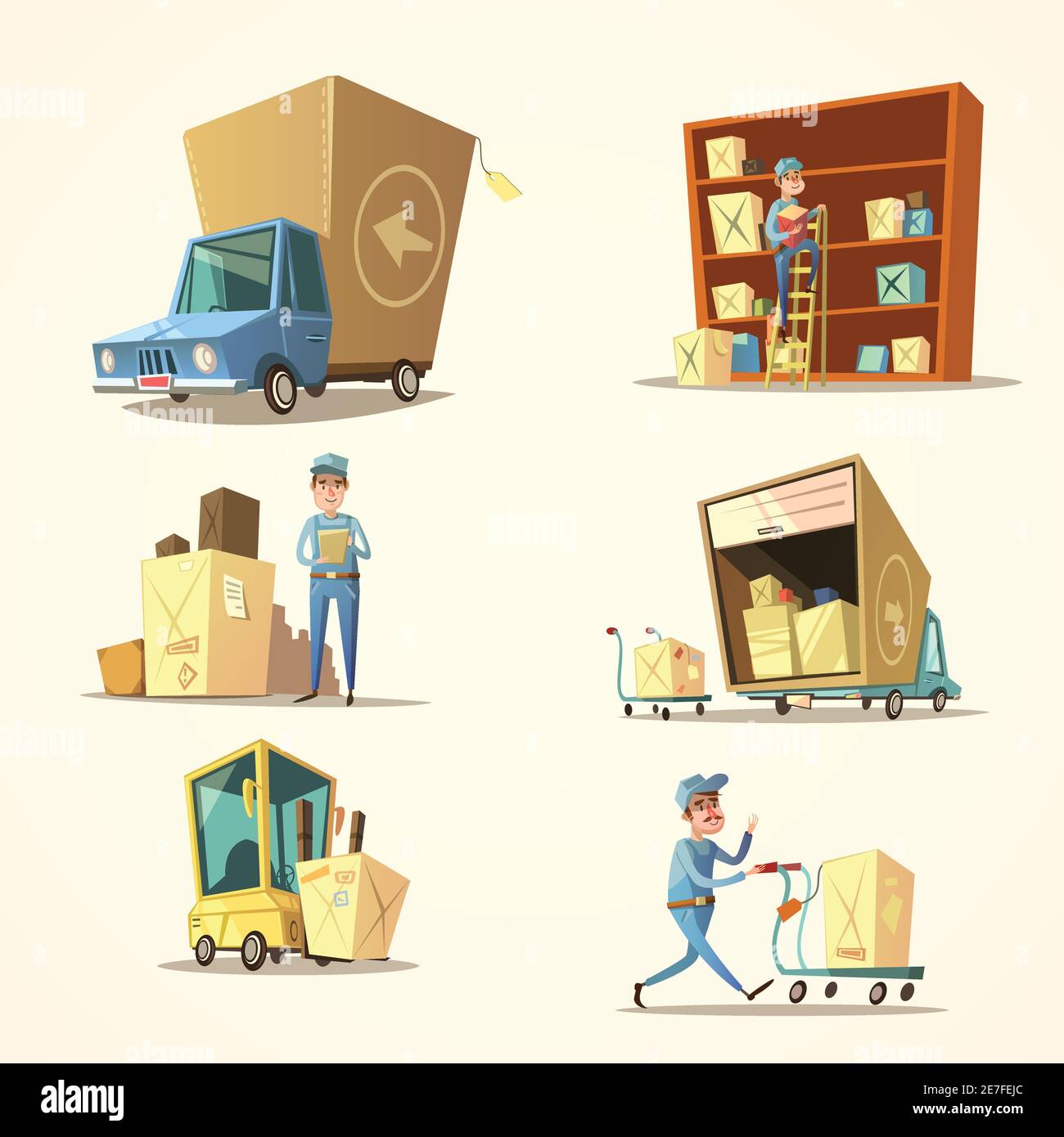 Warehouse concept set with retro cartoon truck and cargo boxes isolated ...