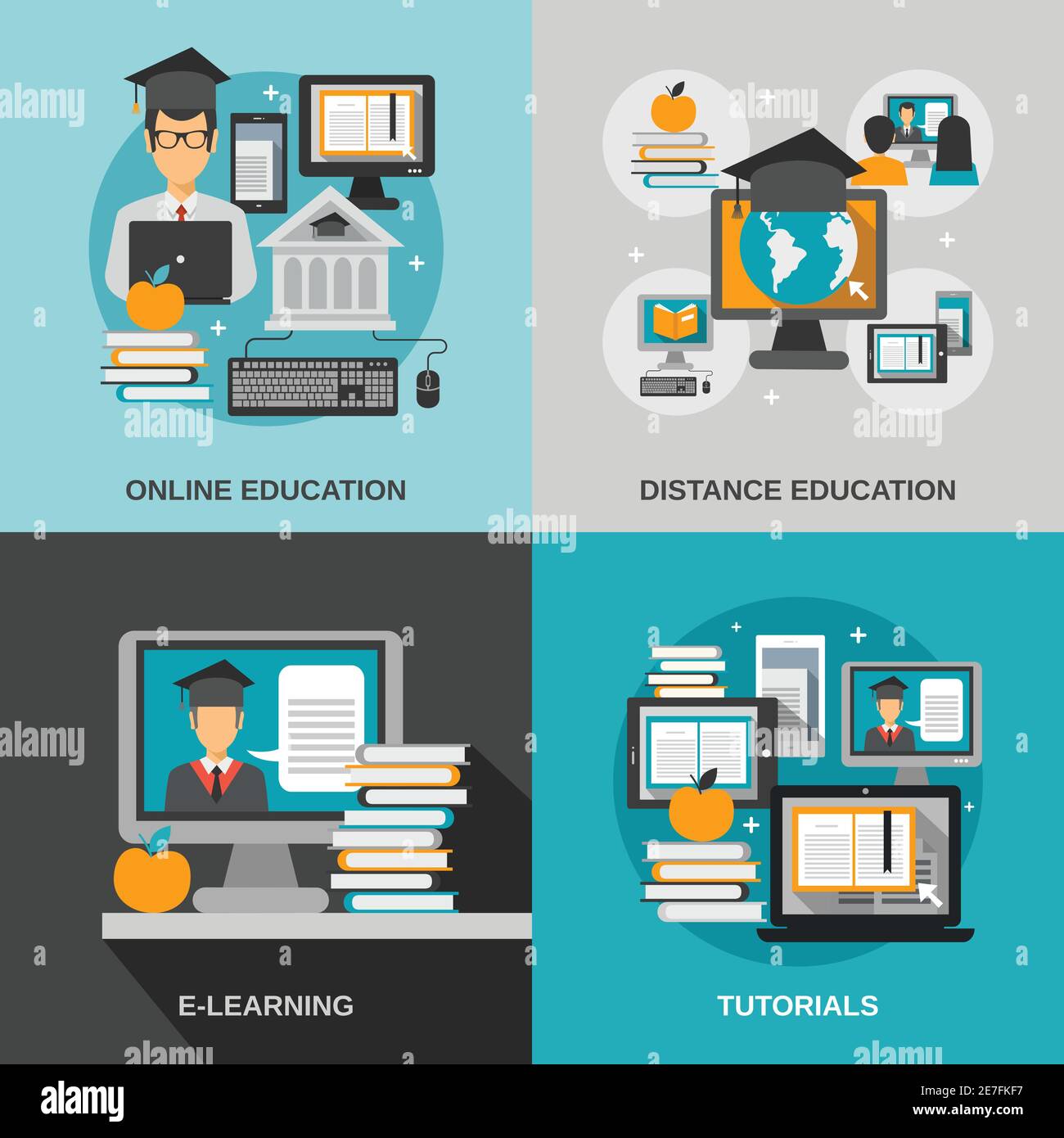E-learning design concept set with online education flat icons isolated ...