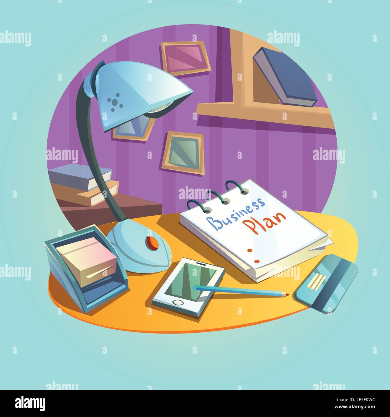 Business workplace concept with desk and office items retro cartoon ...
