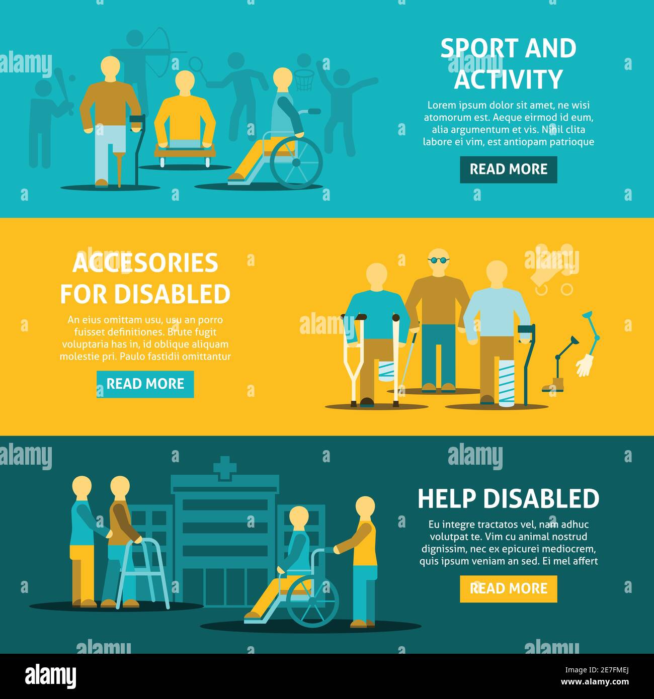 Flat color horizontal banners disabled help accessories sport and ...