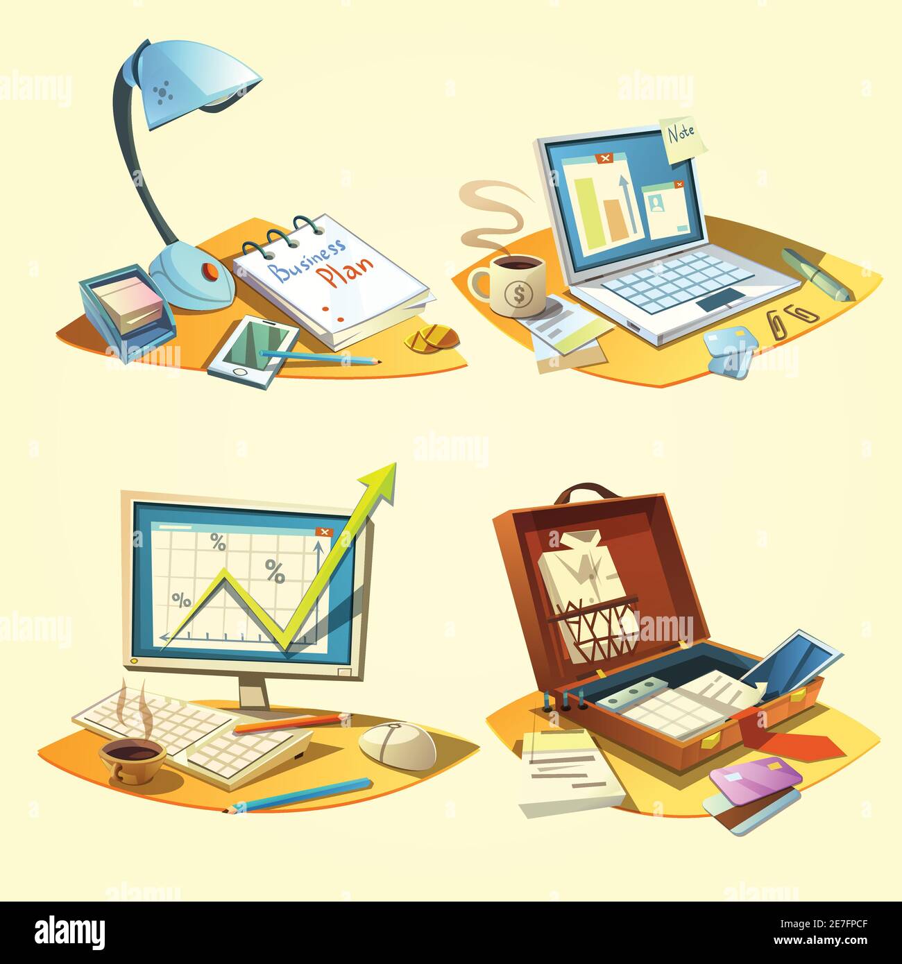 Business concept retro set with cartoon style office work items ...