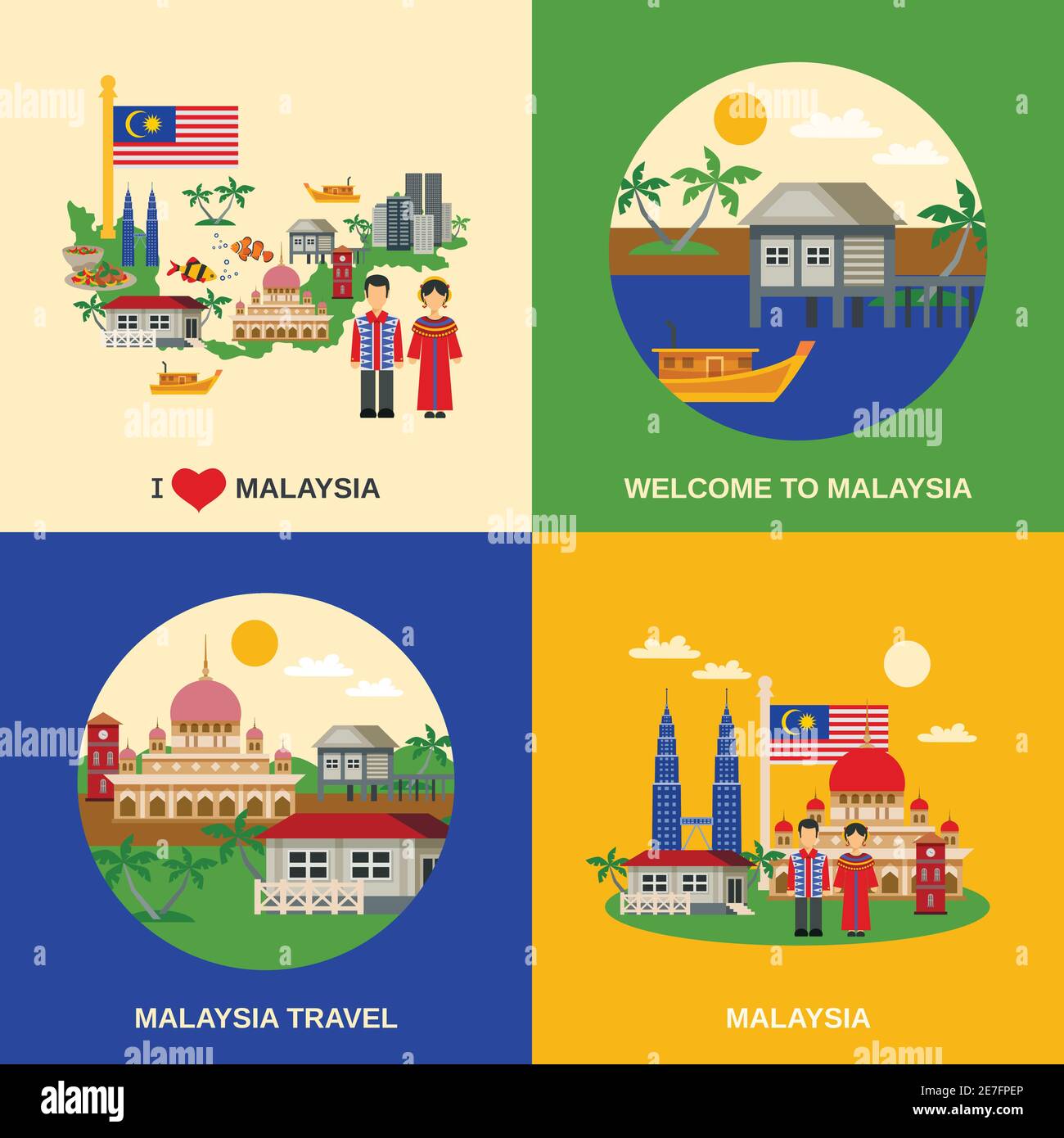 Malaysia for travelers 4 flat icons square composition with national ...