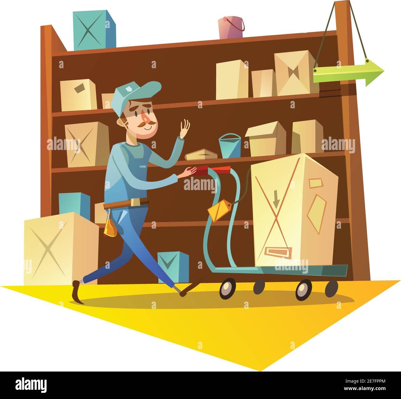 Warehouse retro concept with worker with trolley and shelves on ...