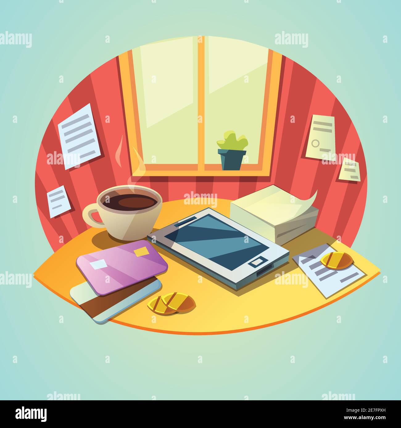 Business workplace concept with tablet and office items in retro ...