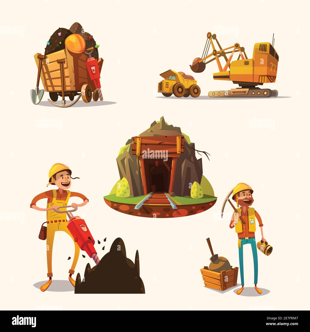 Mining concept set with retro cartoon style labor workers cartoon style ...