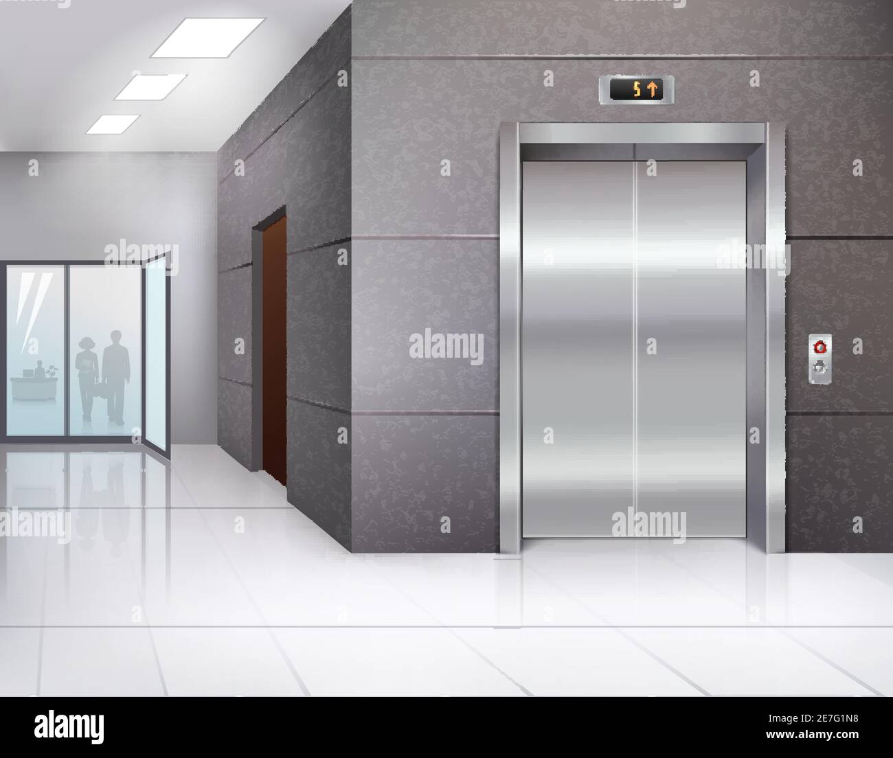 Office building hall with shining floor and metal chrome elevator door ...