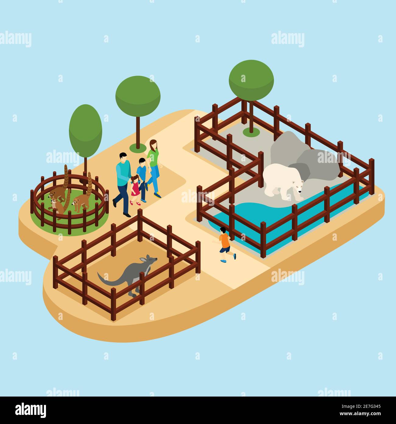 Family at the zoo with bear and kangaroo on blue background isometric ...
