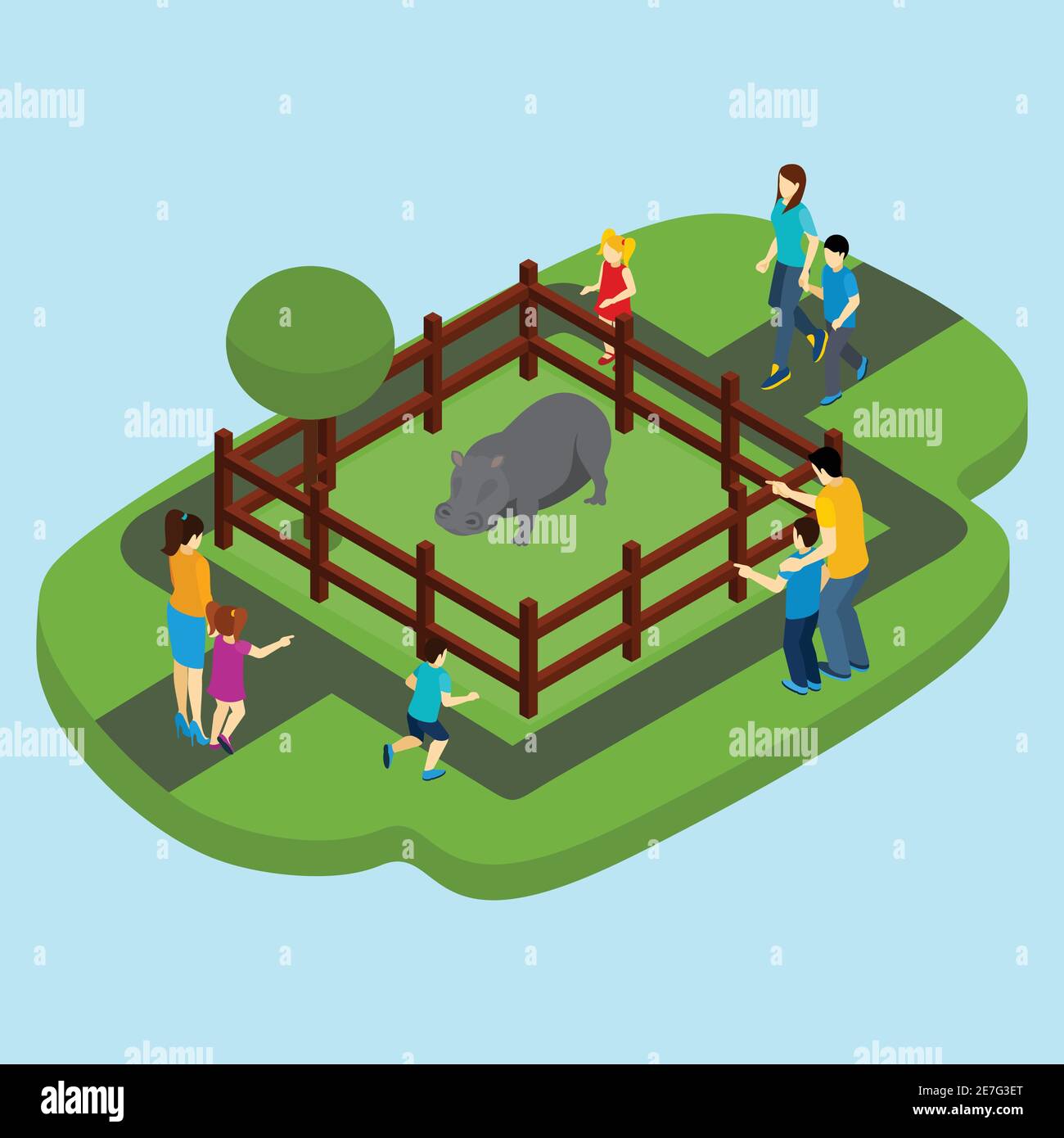 Hippo and zoo with fence and people on blue background isometric vector ...