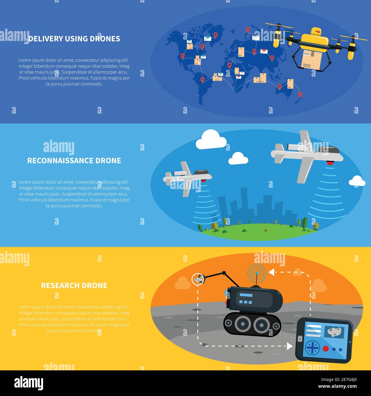 Drones horizontal banners set with delivery reconnaissance and research ...