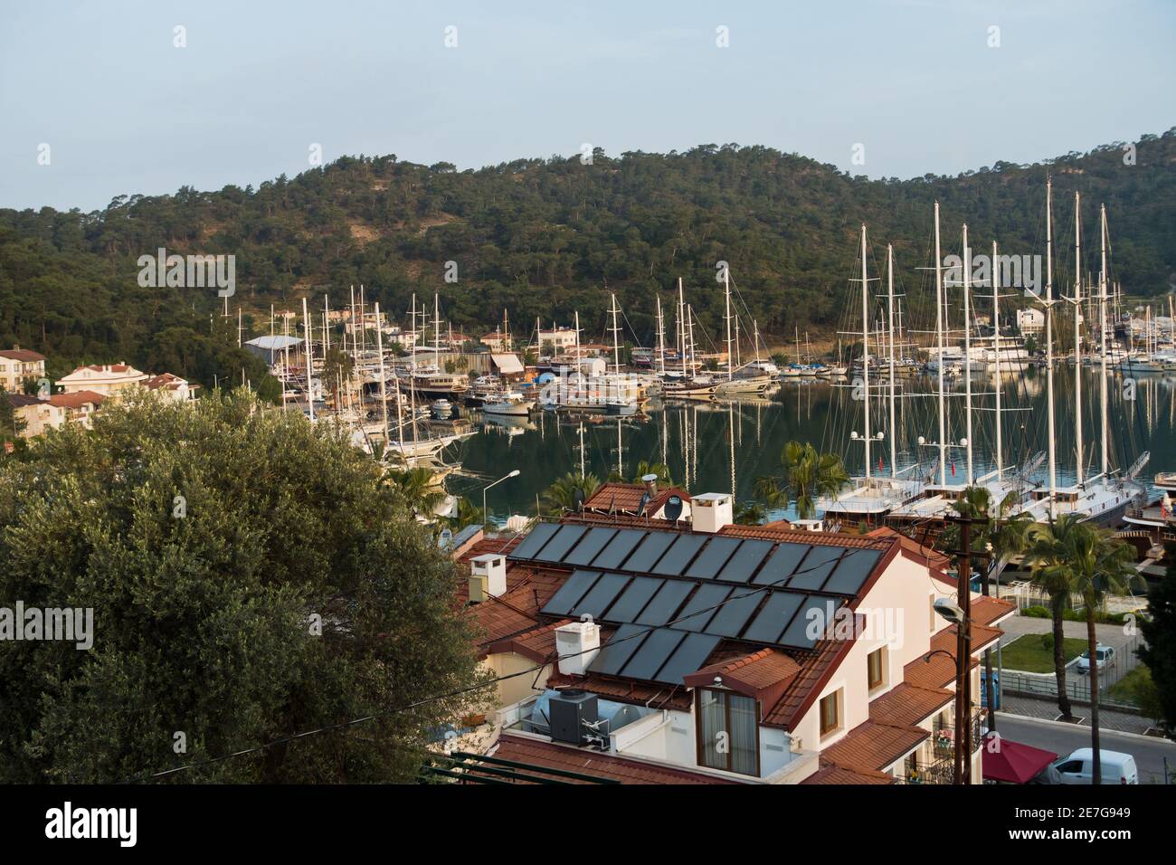 Fethiye city, marina and harbor at calm summer sunset, Turkey Stock ...