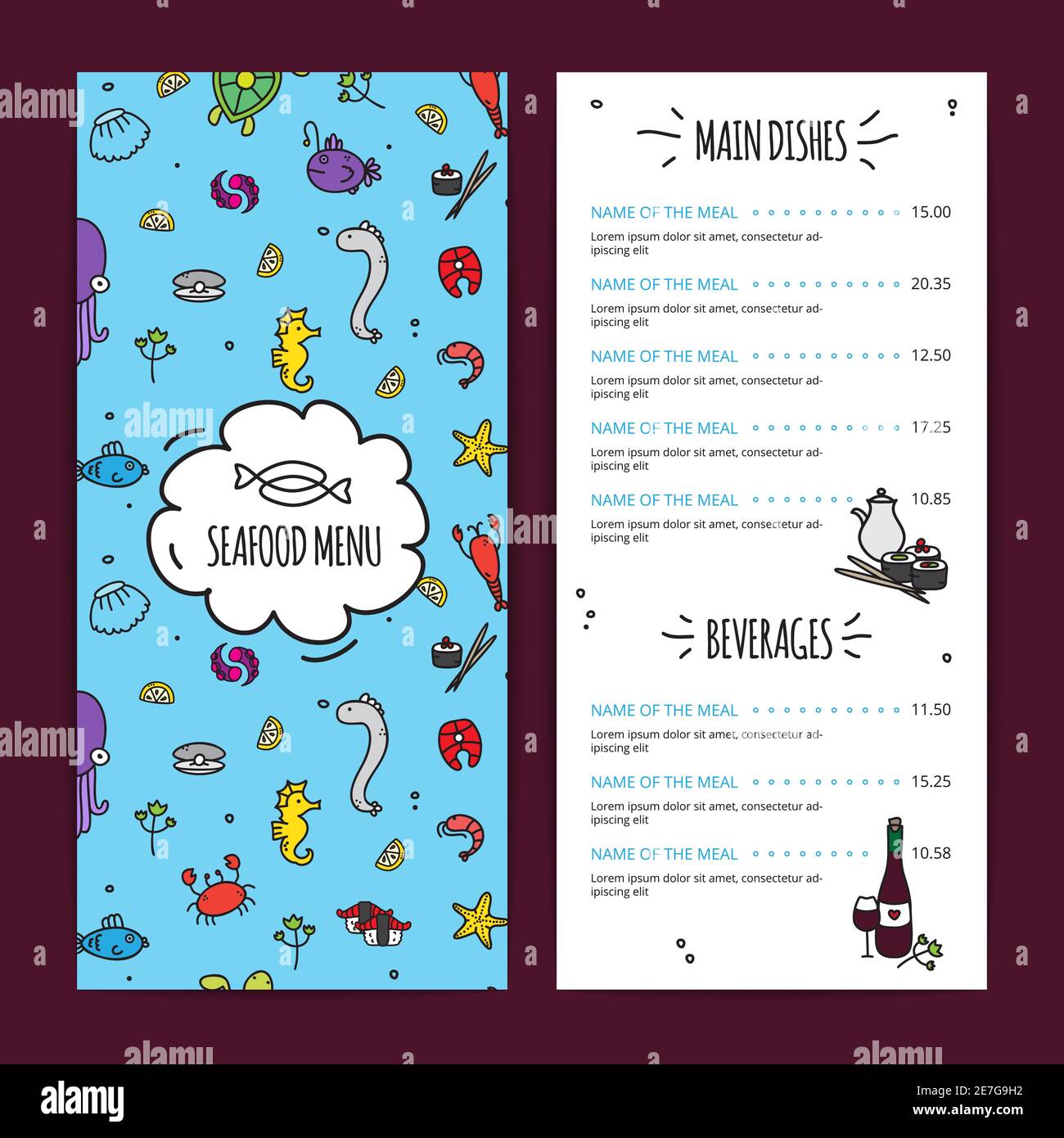 Seafood menu design set with main dishes and beverages flat isolated ...