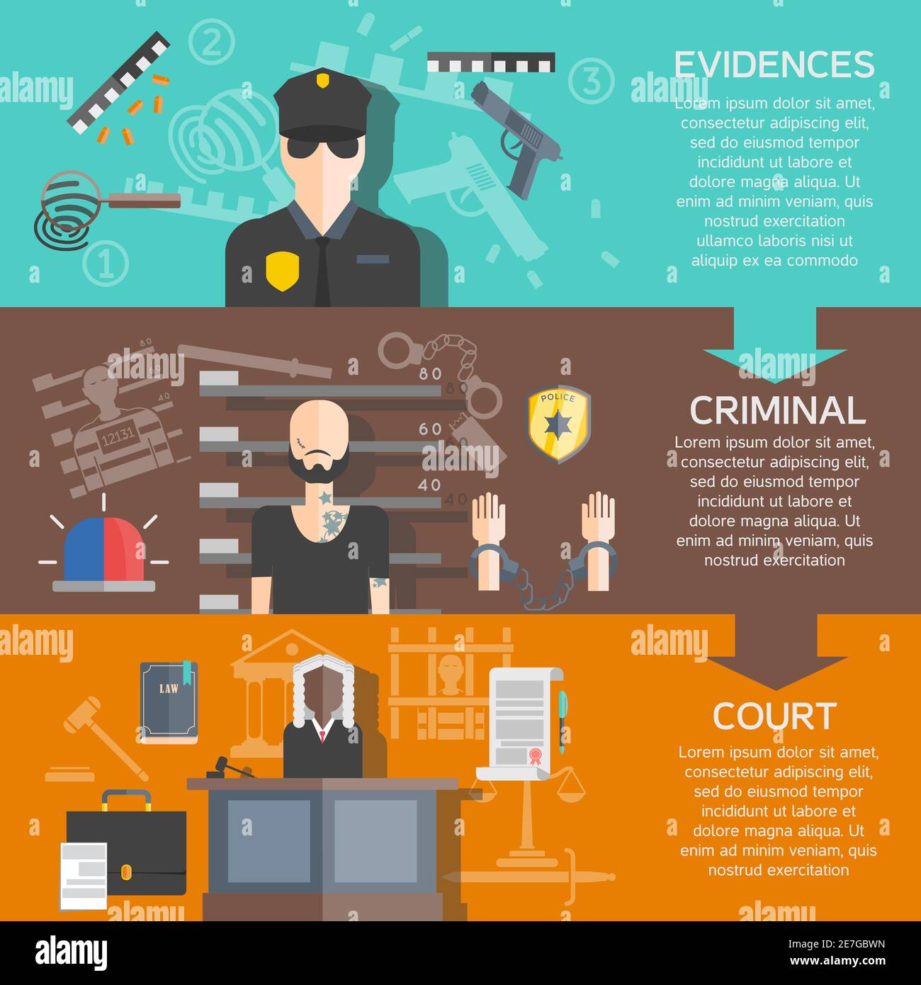Justice and court horizontal banners set with evidences and criminal ...