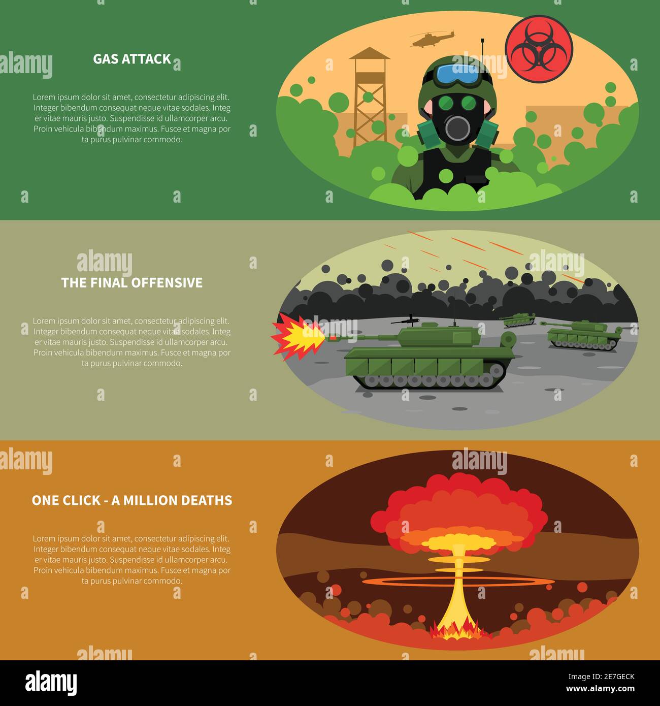 Army horizontal banners set with gas attack final offensive and bombing ...