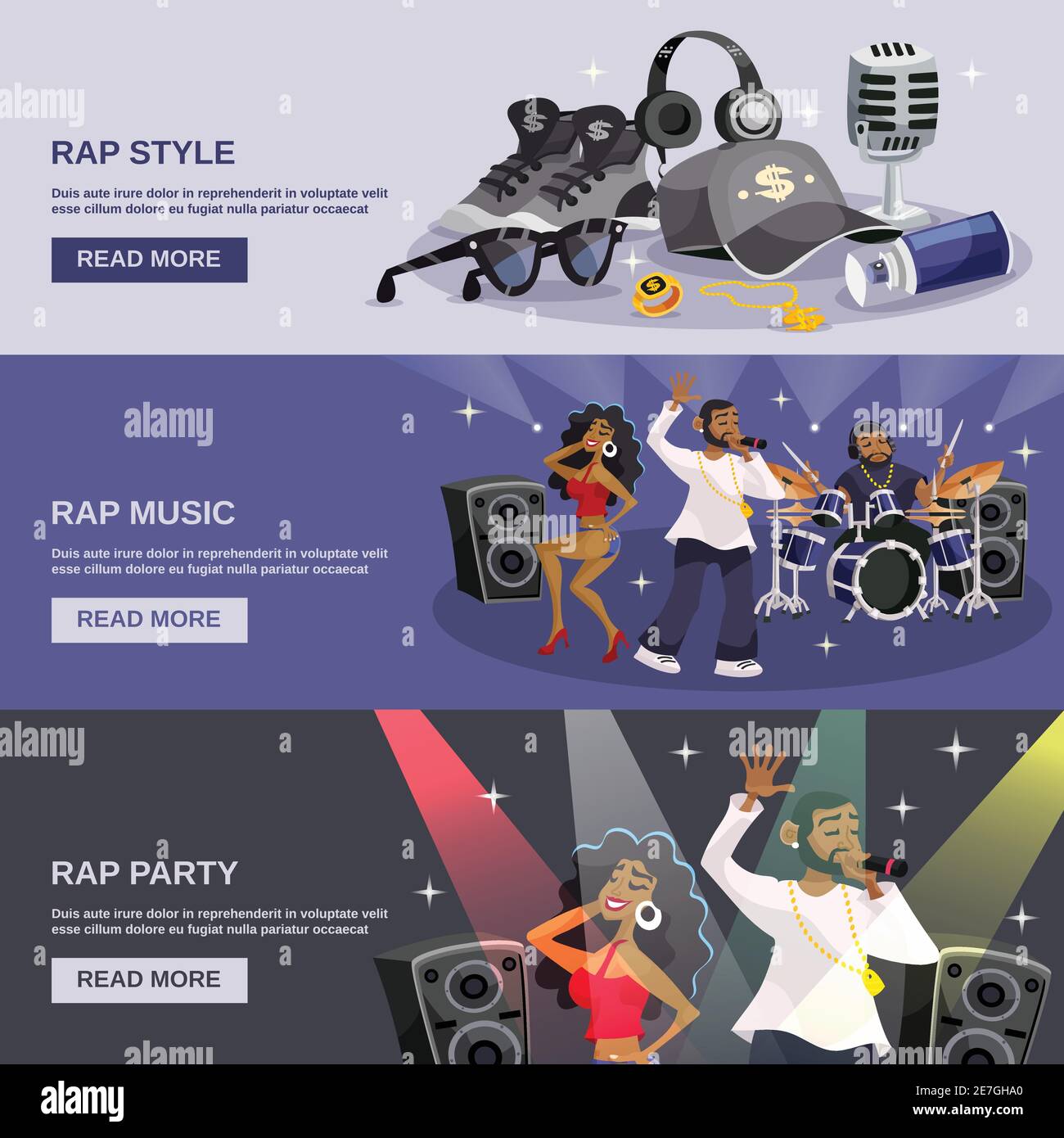 Rap music horizontal banner set with hip-hop style party elements ...