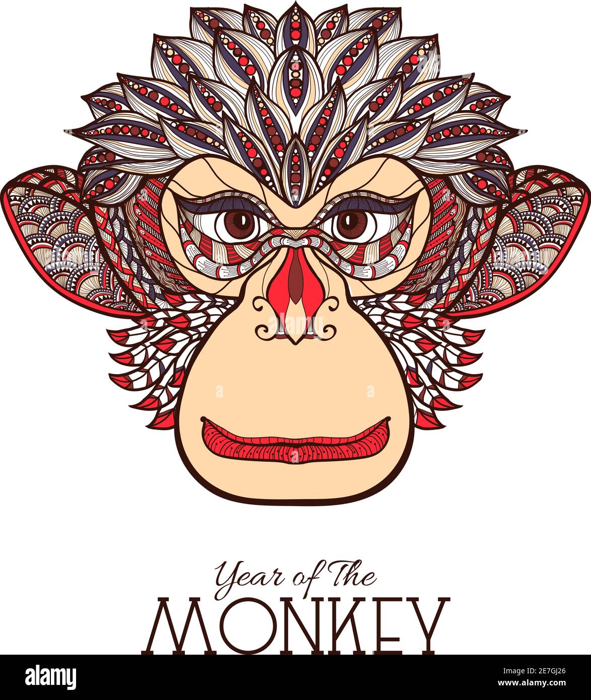 Colored monkey front view face hand drawn sketch vector illustration ...