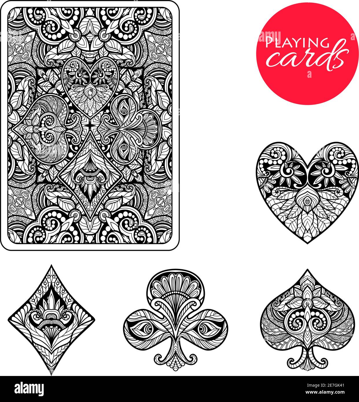 Decorative playing card suits set with hand drawn ornament isolated ...