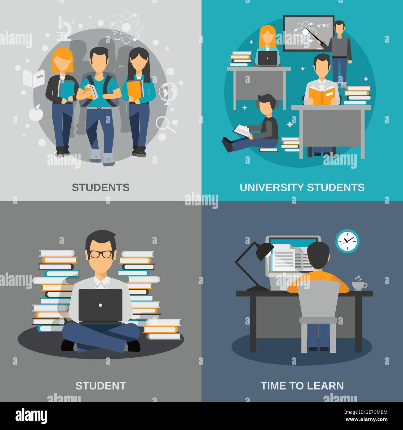 Student design concept set with flat university studying icons isolated ...