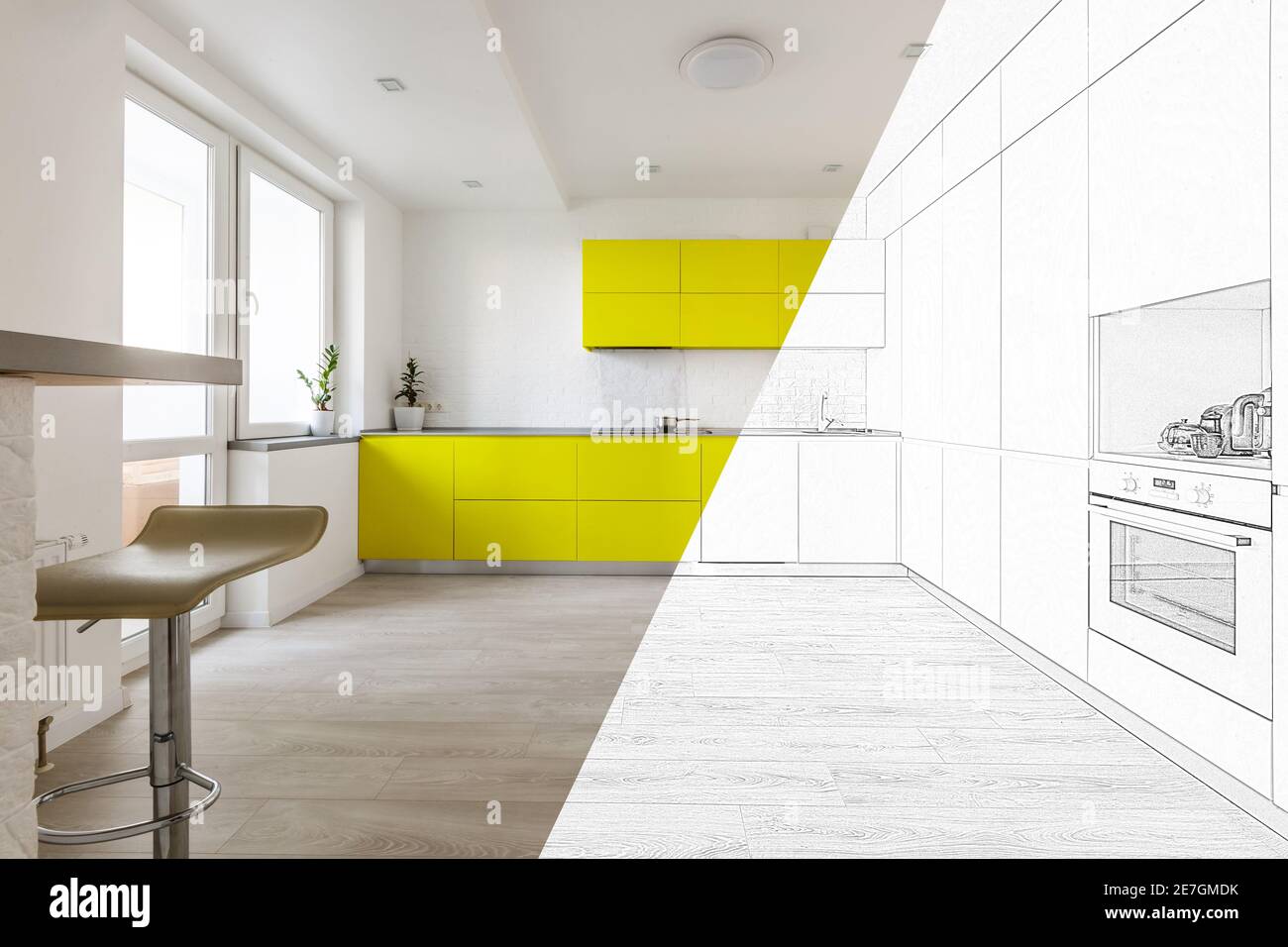 Diagonal Split Screen Of Drawing and Photo of Beautiful New Kitchen ...