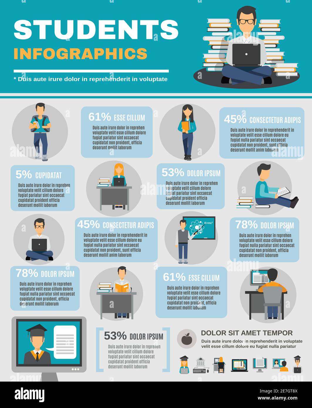 Student infographic set with young people with books and notebooks ...