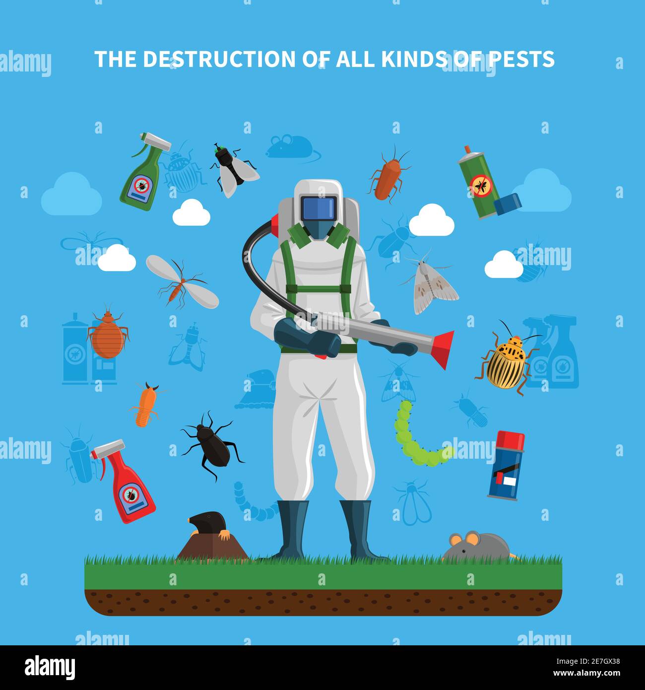 Pest control concept with insects exterminator silhouette flat vector ...