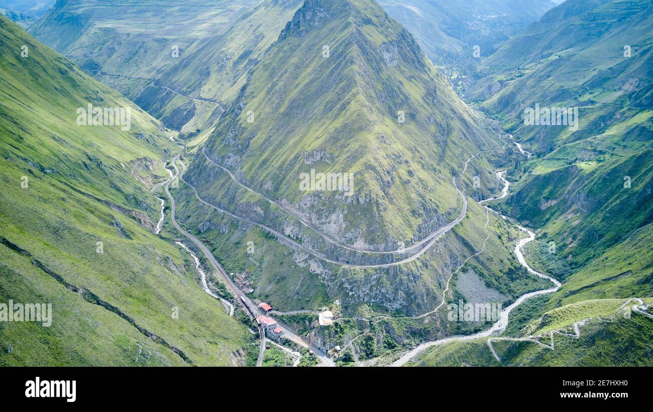 Aerial of Nariz del Diablo, devil’s nose, a famous railroad track in ...