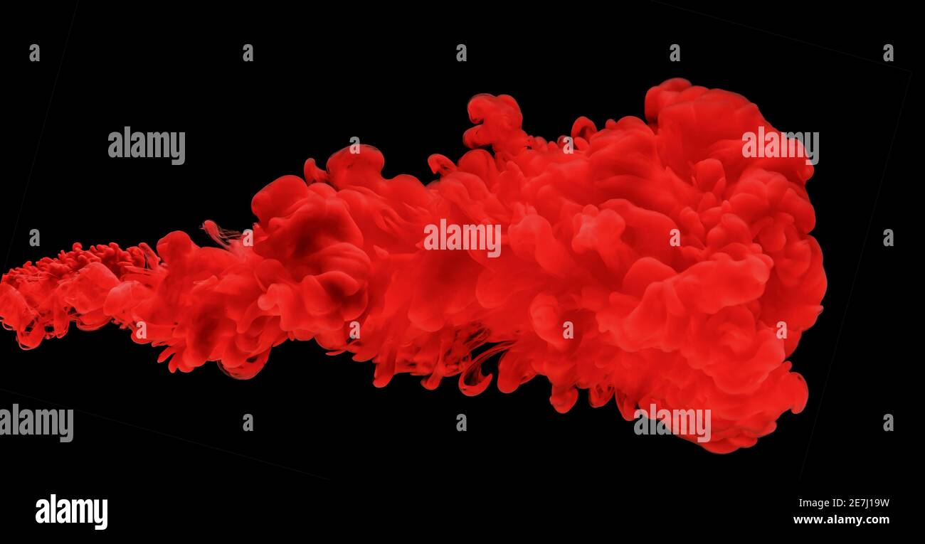 Red abstract background. Ink splashes in water on black background ...