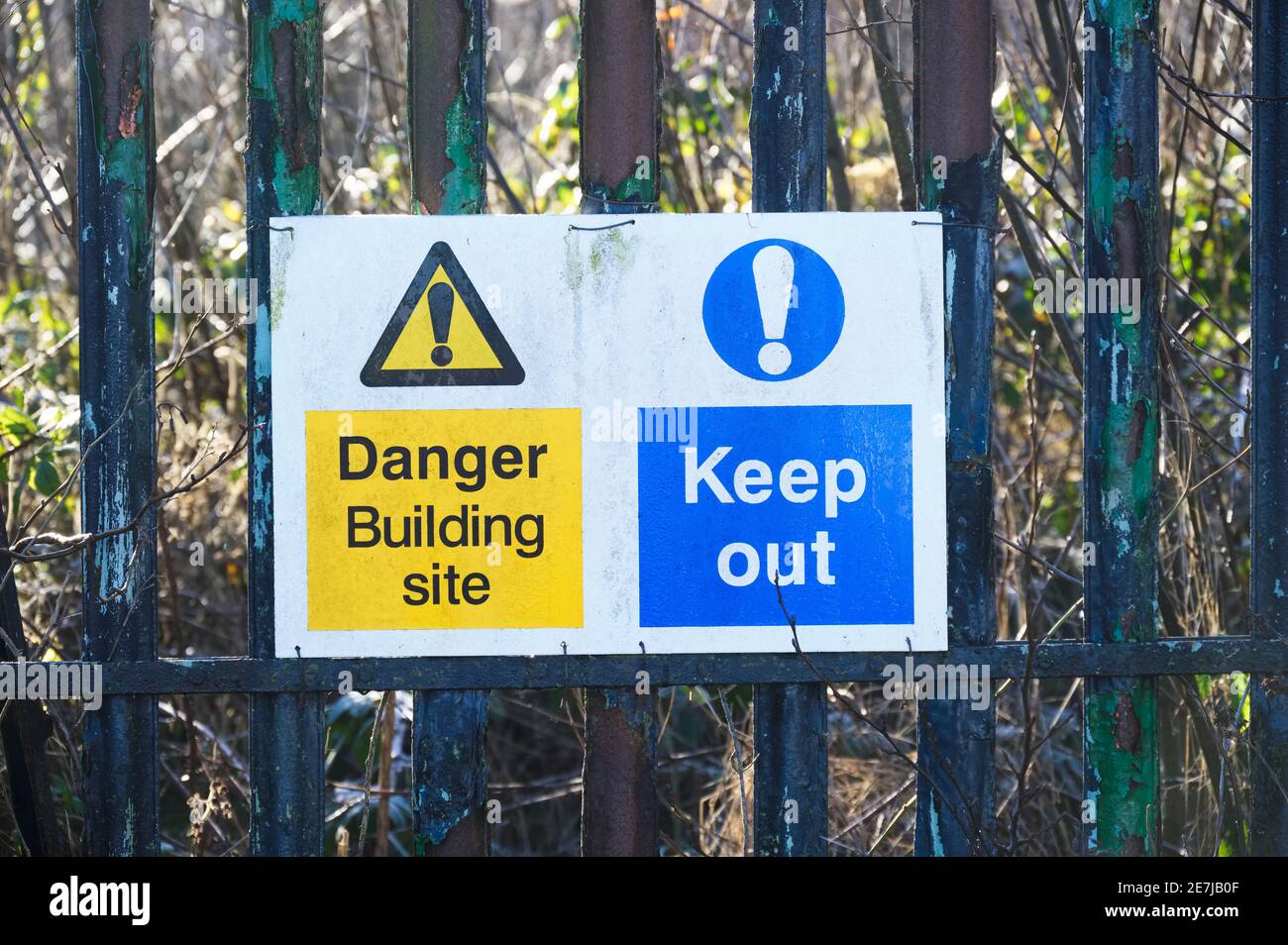 Construction site health and safety keep out sign on fence boundary ...