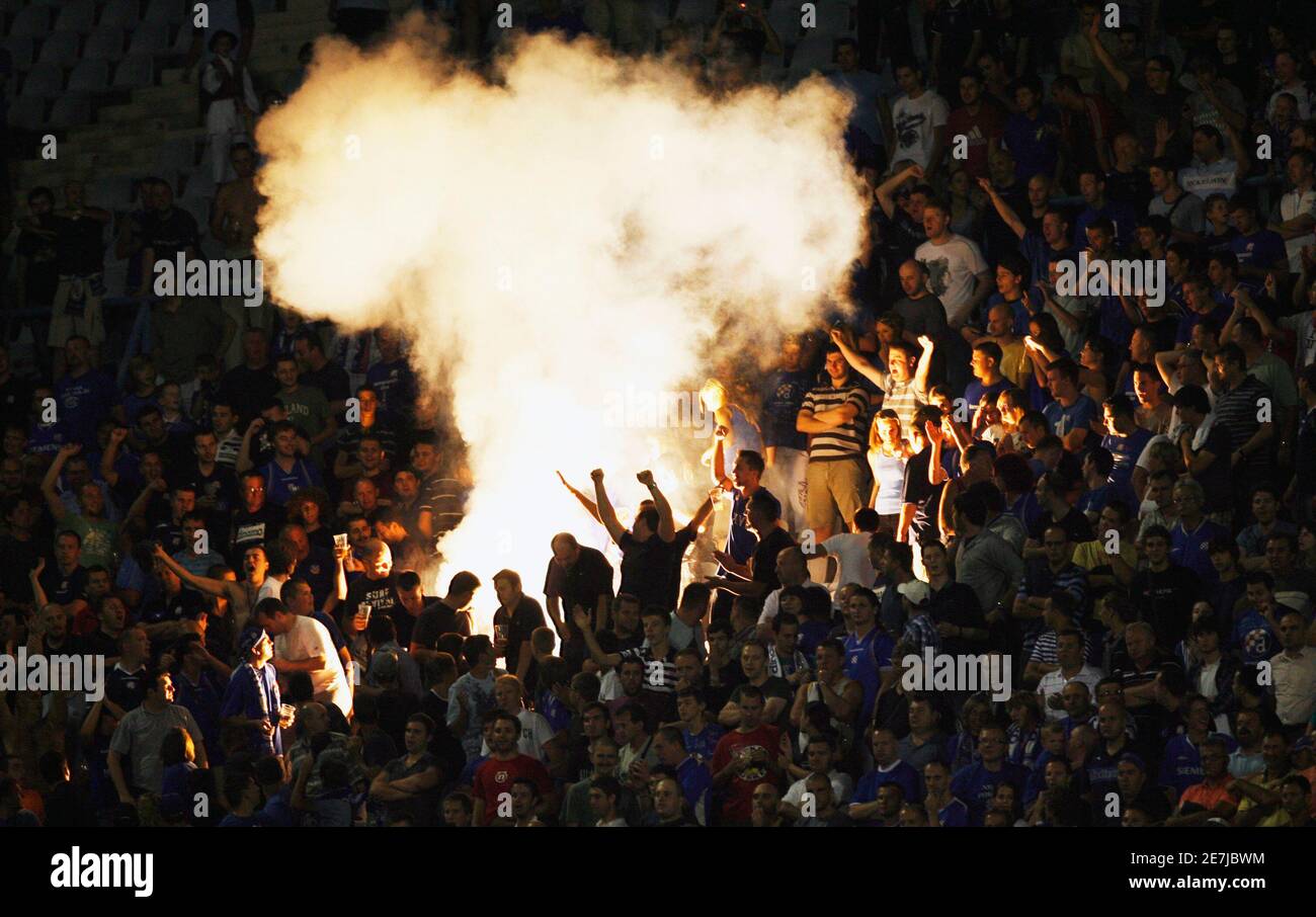Football crowd celebrating with flares hi-res stock photography and ...