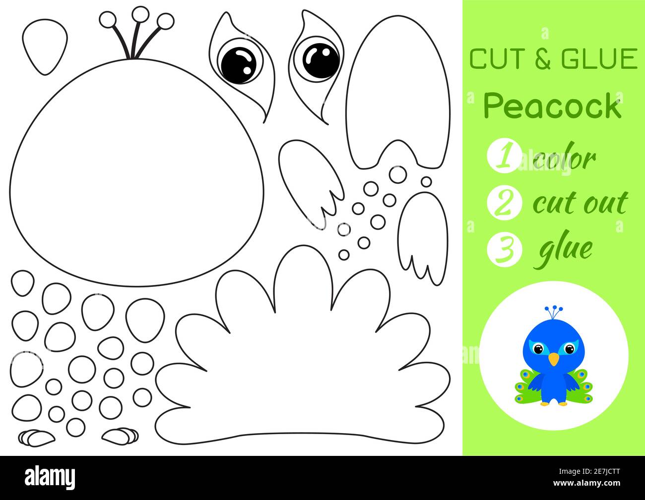 Coloring book cut and glue baby peacock. Educational paper game for ...