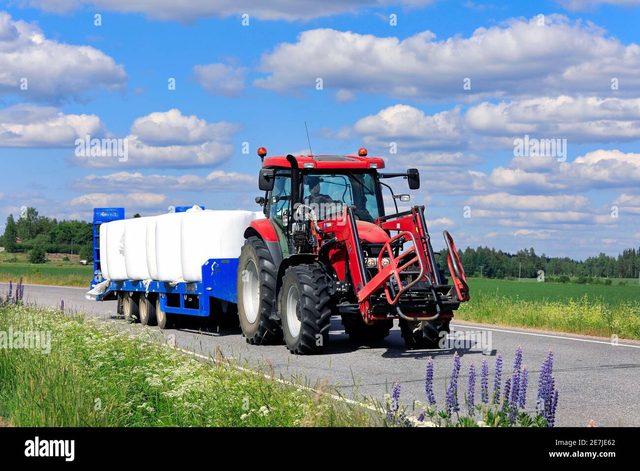 Farmer drives red Case tractor pulling agricultural trailer full of ...