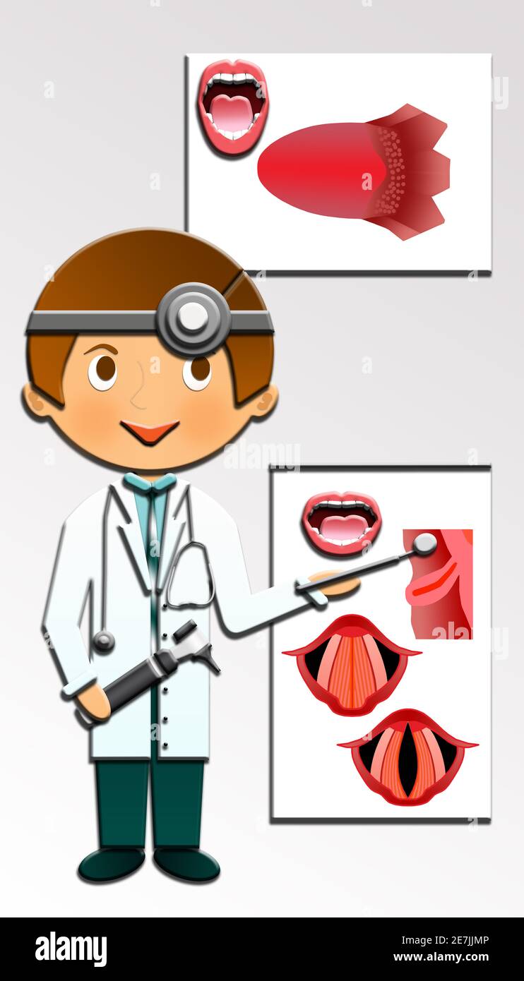 Cartoon of a cute Happy Otolaryngologist, in a clinic, with some throat ...
