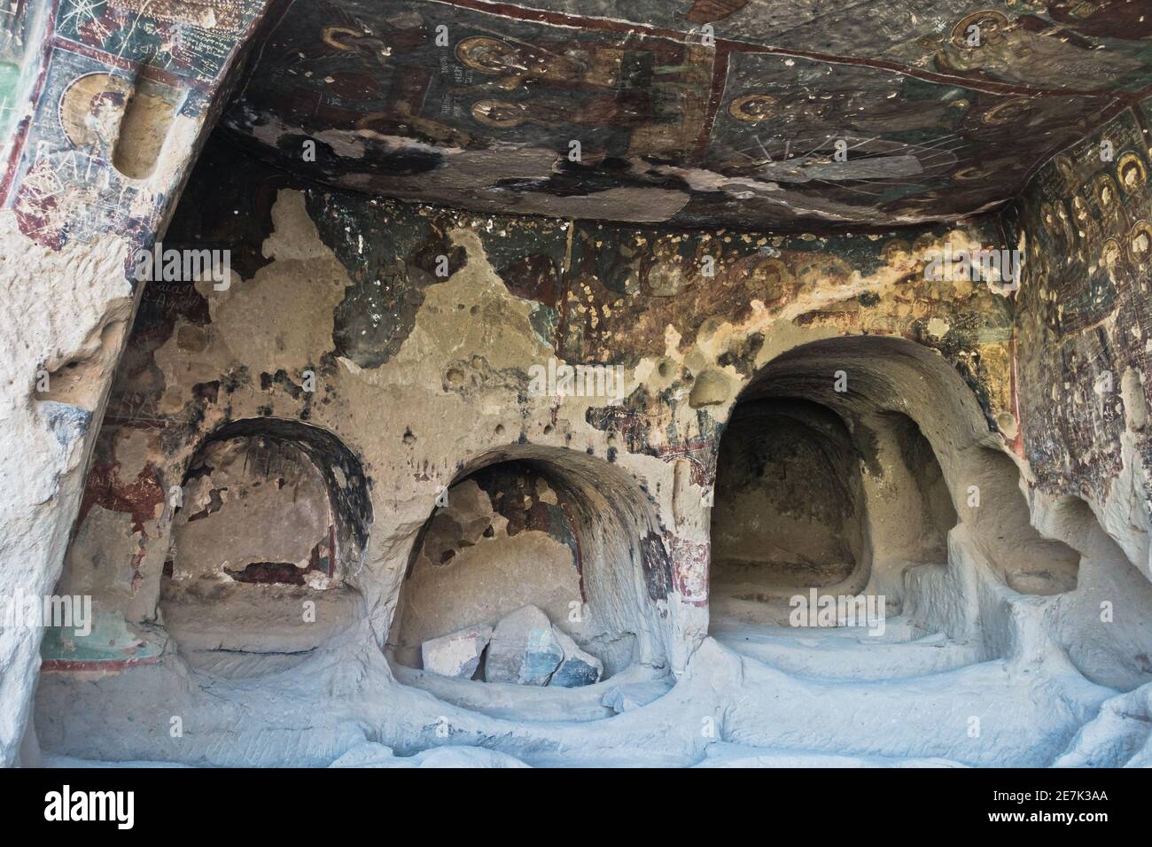 Interior of a church carved in stone cave at Ihlara valley, Cappadocia ...